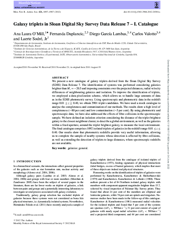 (PDF) Galaxy triplets in Sloan Digital Sky Survey Data Release 7 - I. Catalogue