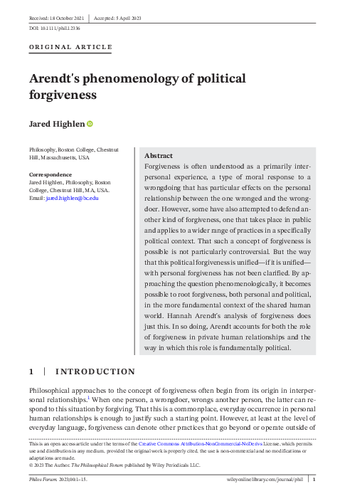 (PDF) Arendt's phenomenology of political forgiveness