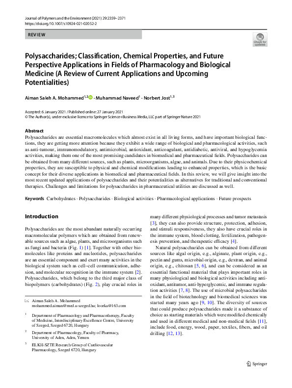 (PDF) Polysaccharides; Classification, Chemical Properties, and Future ...