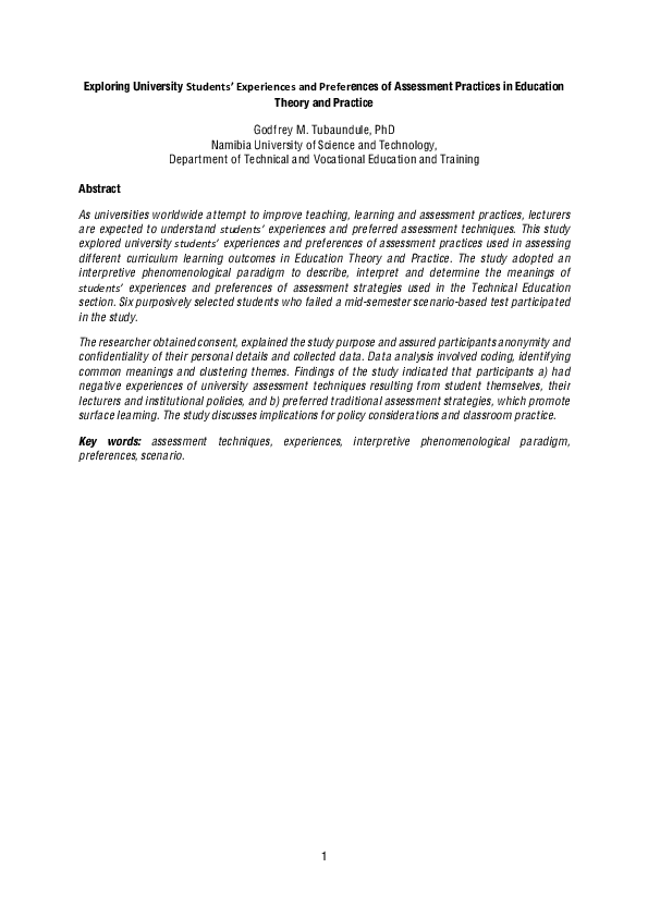 (PDF) Exploring University ences of Assessment Practices in Education Theory and Practice