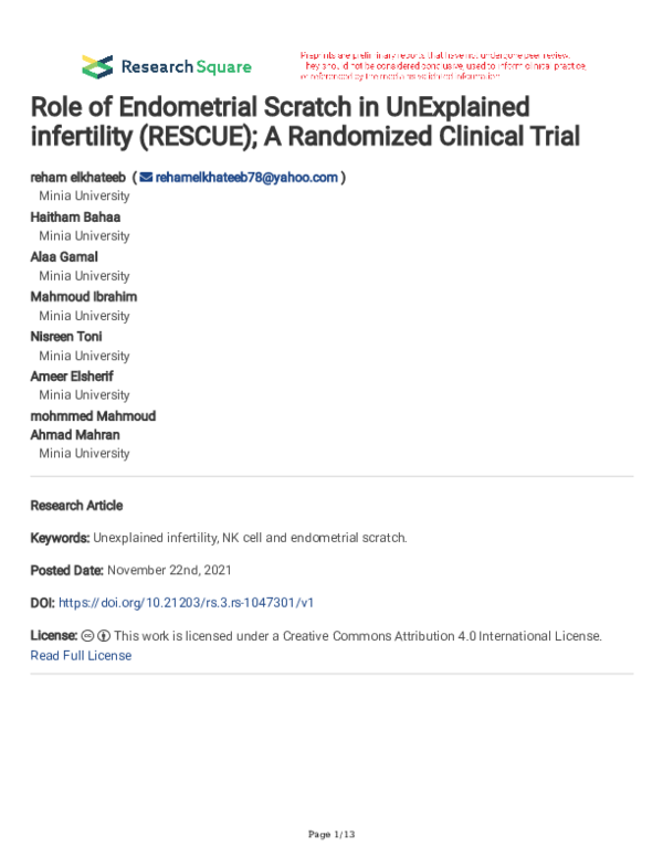 (PDF) Role of Endometrial Scratch in UnExplained infertility (RESCUE ...