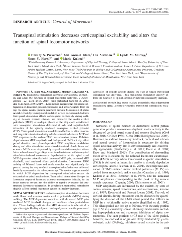 (PDF) Transspinal stimulation decreases corticospinal excitability and ...