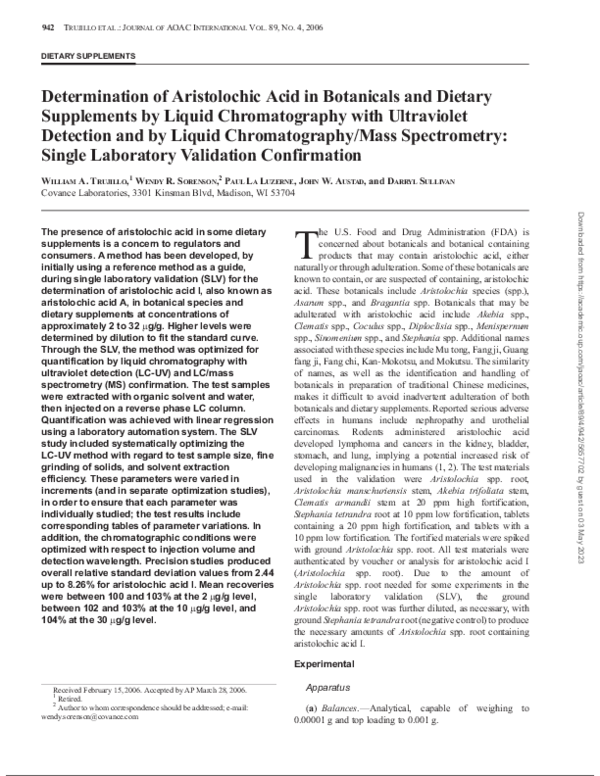 (PDF) Determination of Aristolochic Acid in Botanicals and Dietary Supplements by Liquid ...