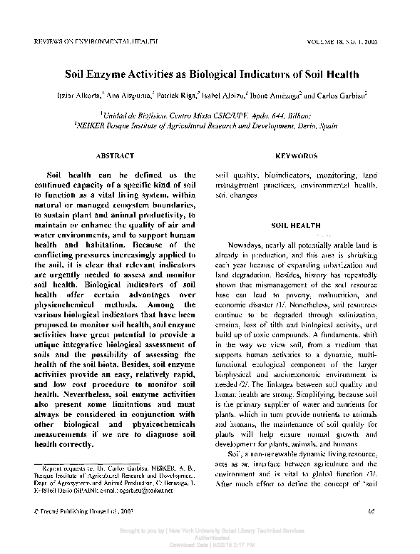 (PDF) Soil Enzyme Activities as Biological Indicators of Soil Health