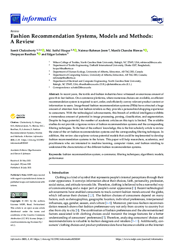 (PDF) Fashion Recommendation Systems, Models and Methods: A Review