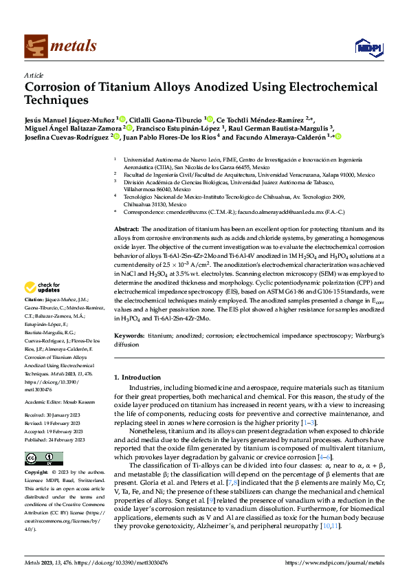 (PDF) Corrosion of Titanium Alloys Anodized Using Electrochemical ...