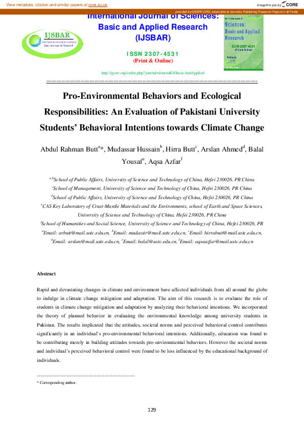 (PDF) Pro-Environmental Behaviors and Ecological Responsibilities: An Evaluation of Pakistani ...