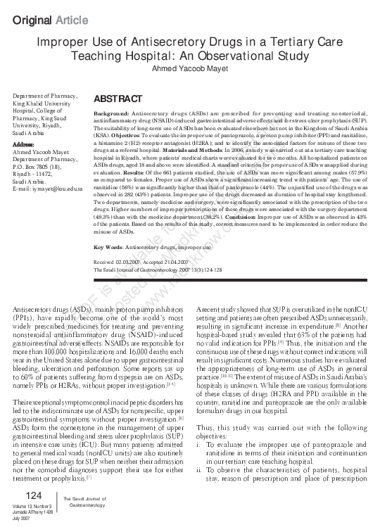 (PDF) Improper Use of Antisecretory Drugs in a Tertiary Care Setting