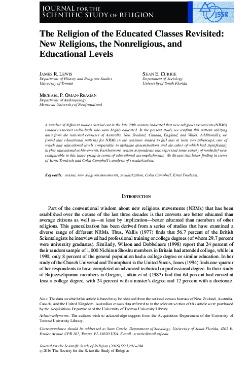 (PDF) The Religion of the Educated Classes Revisited: New Religions ...