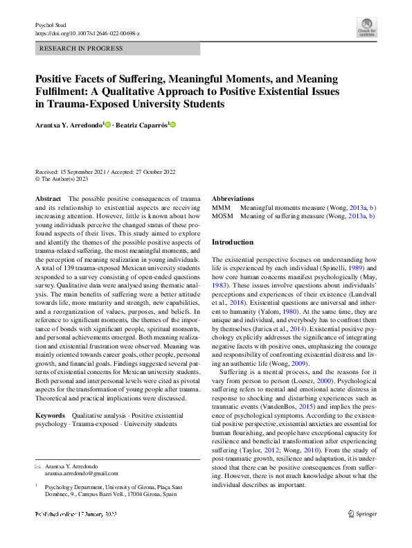 (PDF) Positive Facets of Suffering, Meaningful Moments, and Meaning ...