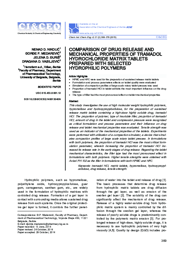 (PDF) Comparison of drug release and mechanical properties of tramadol ...
