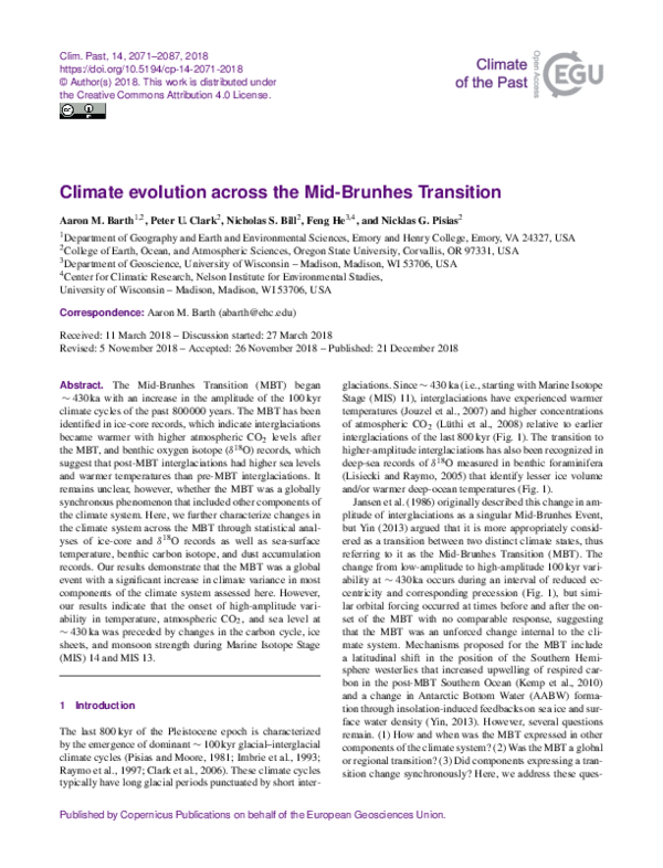(PDF) Climate evolution across the Mid-Brunhes Transition
