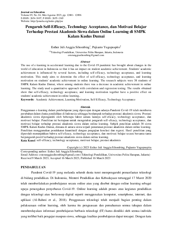 (PDF) Pengaruh Self-Efficacy, Technology Acceptance, dan Motivasi Belajar Terhadap Prestasi ...