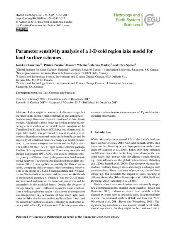 (PDF) Parameter sensitivity analysis of a 1-D cold region lake model for land-surface schemes
