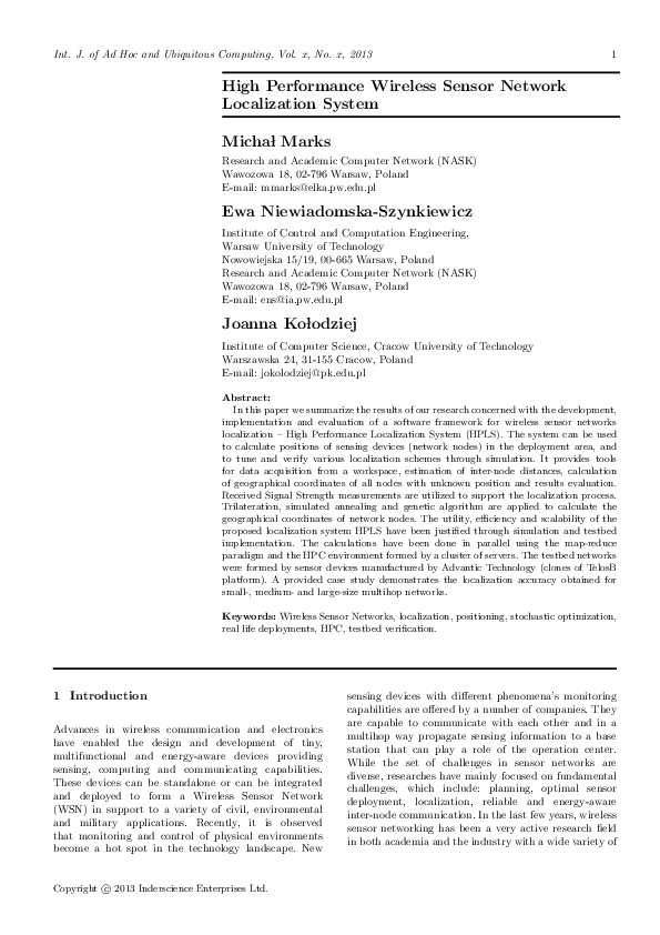 Pdf High Performance Wireless Sensor Network Localisation System Joanna Kolodziej