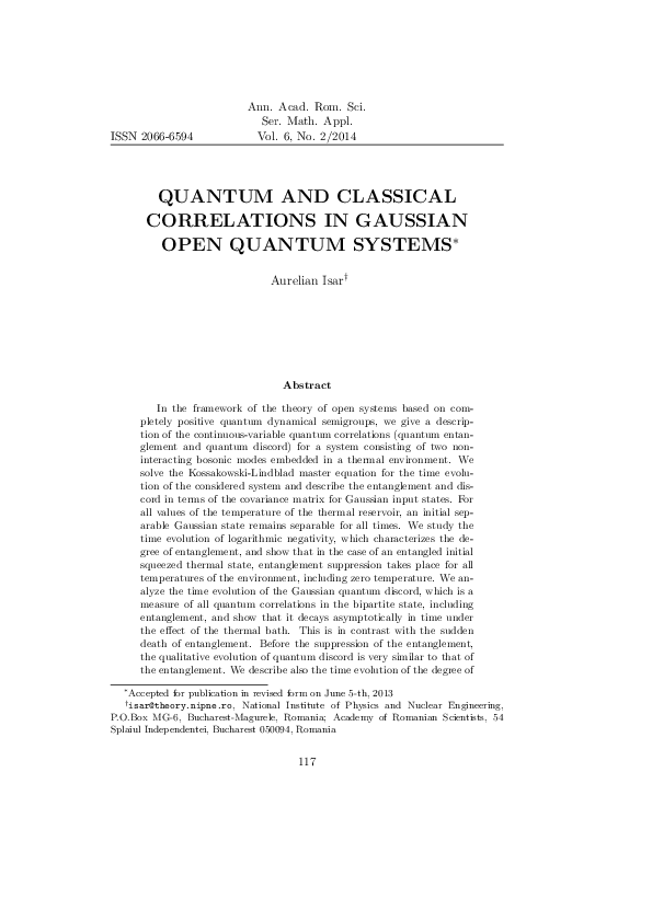 (PDF) Quantum and Classical Correlations in Gaussian Open Quantum Systems∗
