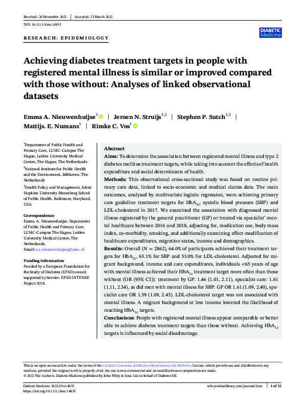 (PDF) Achieving diabetes treatment targets in people with registered ...