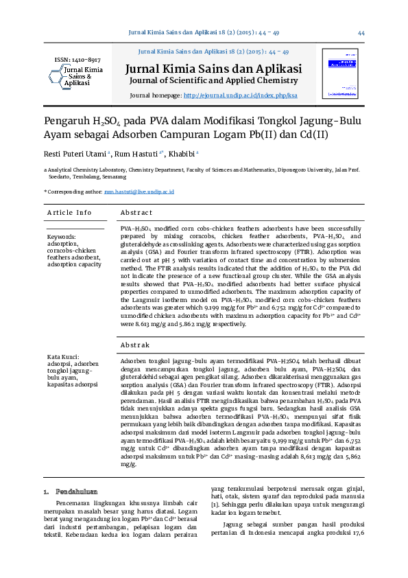 (PDF) Pengaruh H2SO4 pada PVA dalam Modifikasi Tongkol Jagung-Bulu Ayam sebagai Adsorben ...
