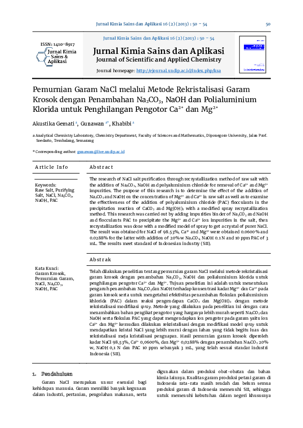 (PDF) Pemurnian Garam NaCl melalui Metode Rekristalisasi Garam Krosok ...