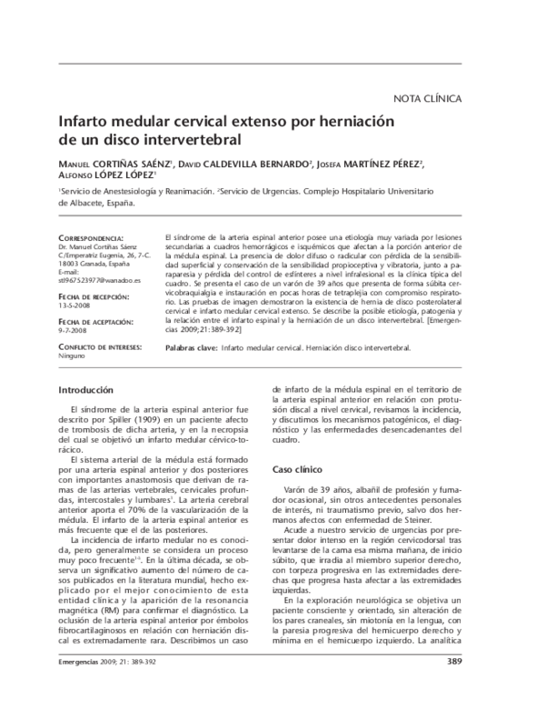 (PDF) Infarto medular cervical extenso por herniación de un disco ...