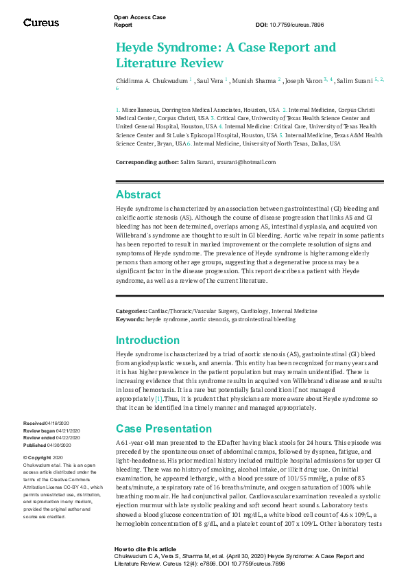 (PDF) Heyde Syndrome: A Case Report and Literature Review | Saul ...