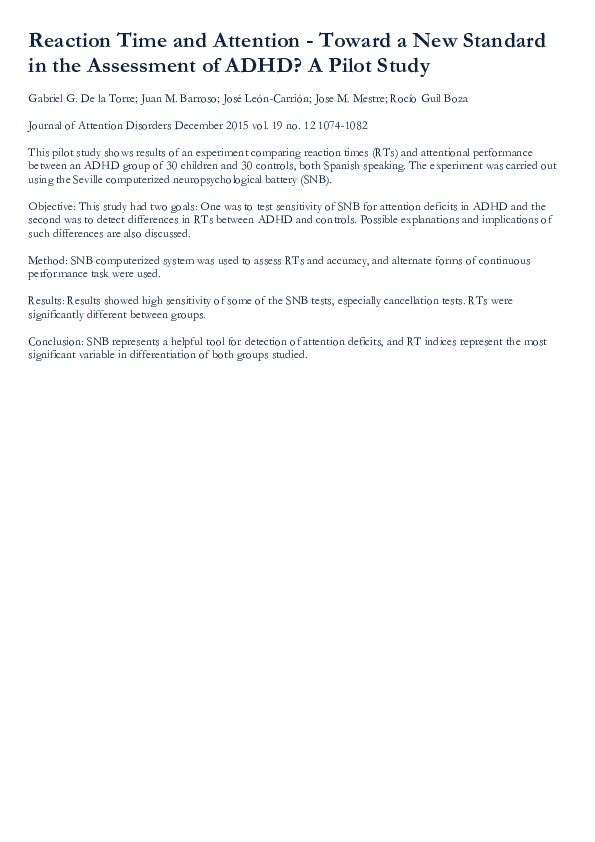(PDF) Reaction Time and Attention: Toward a New Standard in the Assessment of ADHD? A Pilot ...