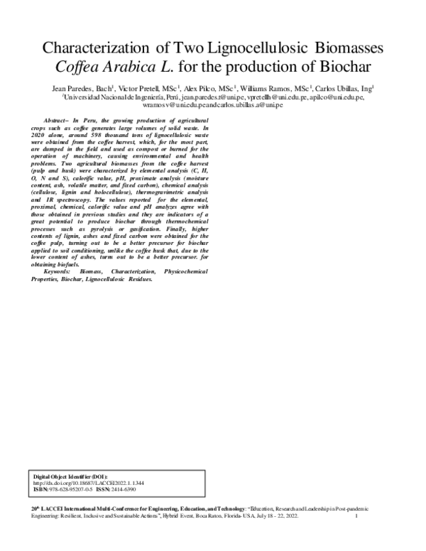 (PDF) Characterization of Two Lignocellulosic Biomasses Coffea Arabica L. for the production of ...