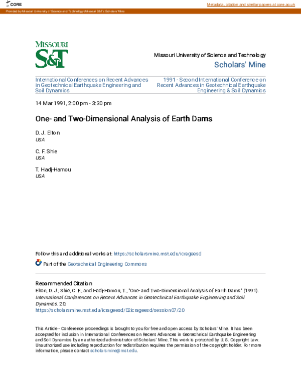 (PDF) One- and Two-Dimensional Analysis of Earth Dams