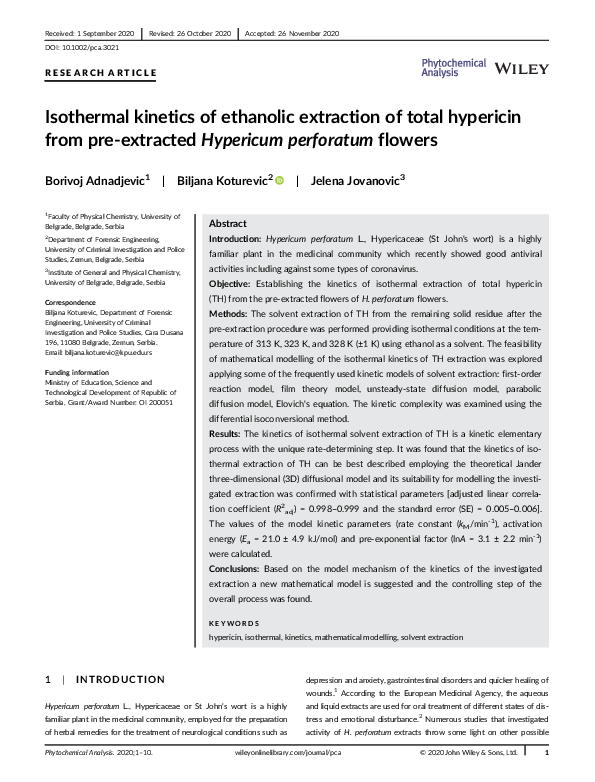 (PDF) Isothermal kinetics of ethanolic extraction of total hypericin ...