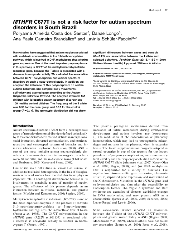(PDF) MTHFR C677T is not a risk factor for autism spectrum disorders in South Brazil | LAVINIA ...