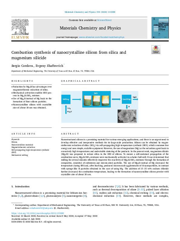 (PDF) Combustion synthesis of nanocrystalline silicon from silica and ...