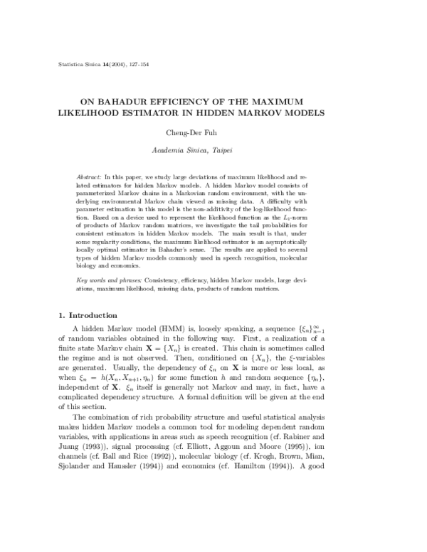 (PDF) On Bahadur Efficiency of the Maximum Likelihood Estimator in Hidden Markov Models