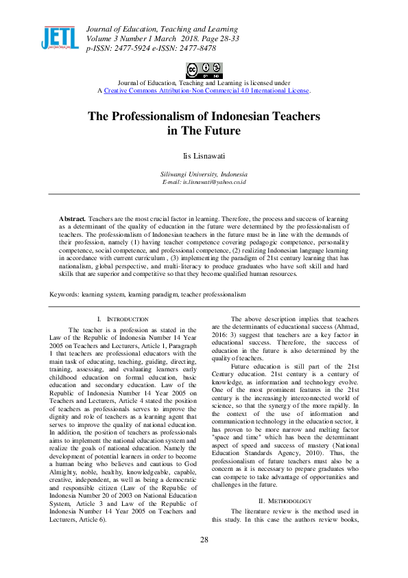 (PDF) The Professionalism of Indonesian Teachers in The Future
