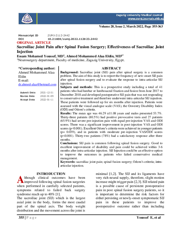 (PDF) Sacroiliac joint pain after spinal fusion surgery ; effectiveness ...