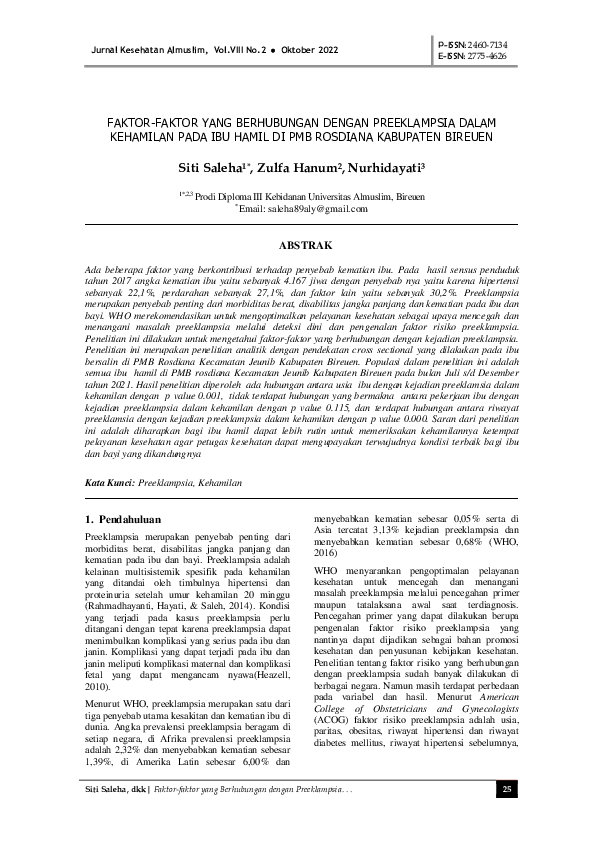 (PDF) Faktor-Faktor Yang Berhubungan Dengan Preeklampsia Dalam Kehamilan Pada Ibu Hamil DI PMB ...