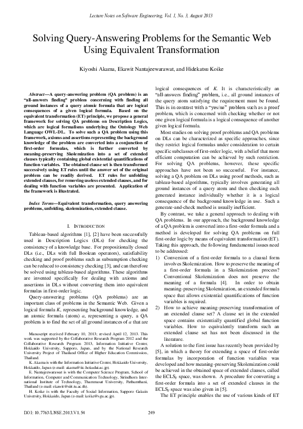 (PDF) Solving Query-Answering Problems for the Semantic Web Using Equivalent Transformation