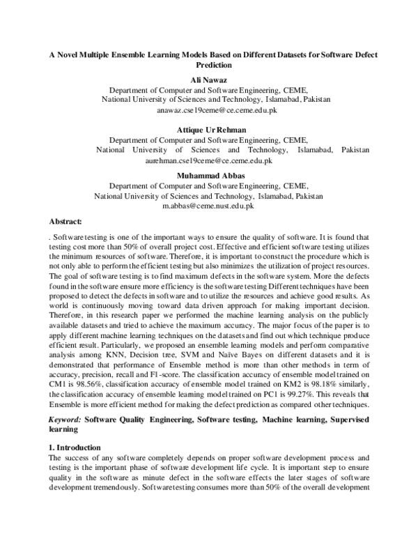 Pdf A Novel Multiple Ensemble Learning Models Based On Different Datasets For Software Defect