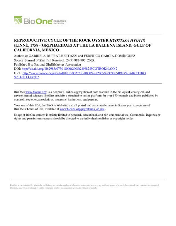 (PDF) Reproductive Cycle of the Rock Oyster Hyotissa Hyotis (Linne ...