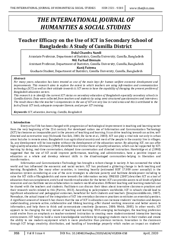 (PDF) Teacher Efficacy on the Use of ICT in Secondary School of Bangladesh: A Study of Cumilla ...