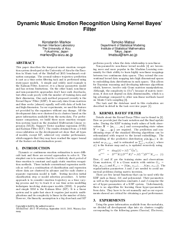 (PDF) Dynamic Music Emotion Recognition Using Kernel Bayes' Filter