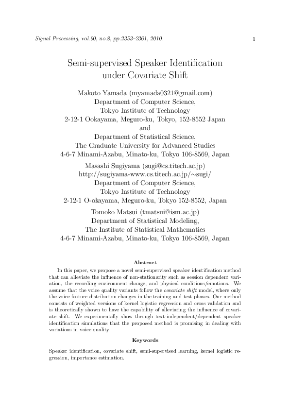 (PDF) Semi-supervised speaker identification under covariate shift