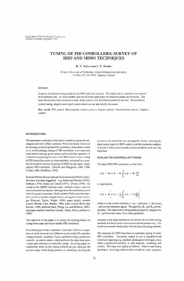 (PDF) Tuning of Pid Conrollers: Survey of Siso and Mimo Techniques
