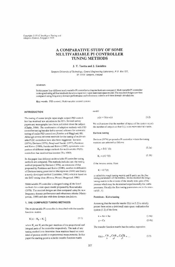 (PDF) A Comparative Study of Some Multivariable Pi Controller Tuning Methods
