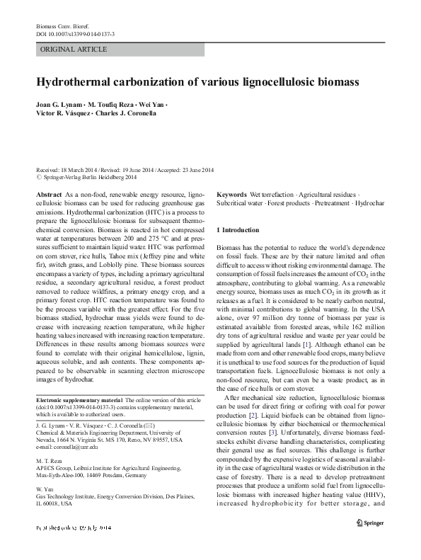 (PDF) Hydrothermal carbonization of various lignocellulosic biomass