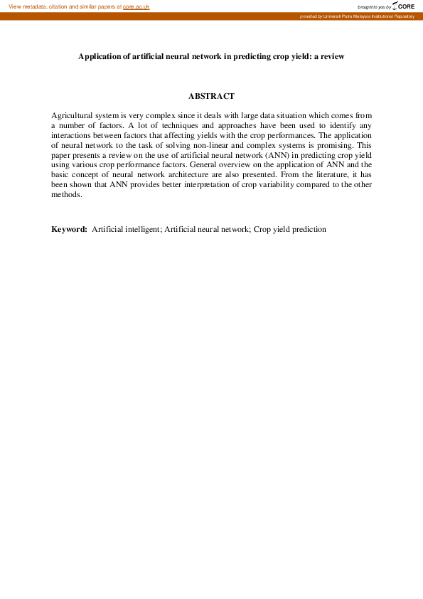 Pdf Application Of Artificial Neural Network In Predicting Crop Yield A Review