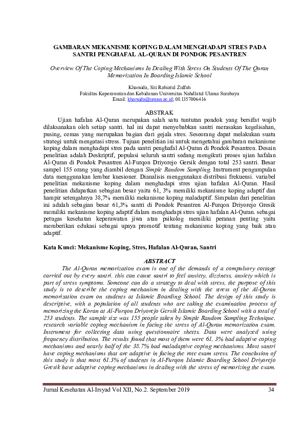 (PDF) Gambaran Mekanisme Koping Dalam Menghadapi Stres Pada Santri ...