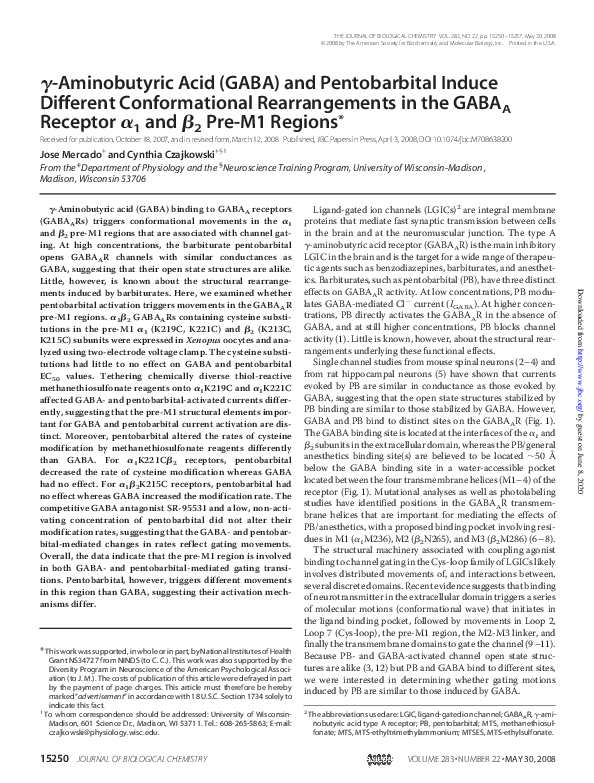 (PDF) γ-Aminobutyric Acid (GABA) and Pentobarbital Induce Different ...