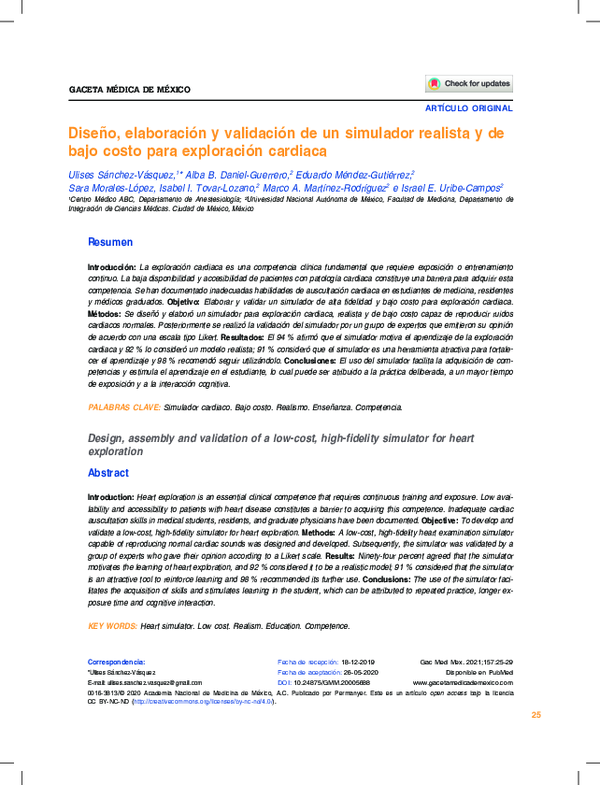 (PDF) Design, assembly and validation of a low-cost, high-fidelity simulator for heart exploration