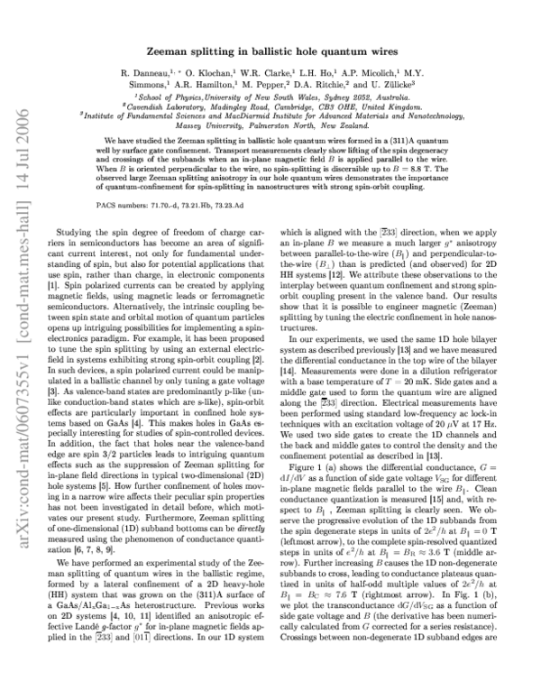 (PDF) Zeeman Splitting in Ballistic Hole Quantum Wires