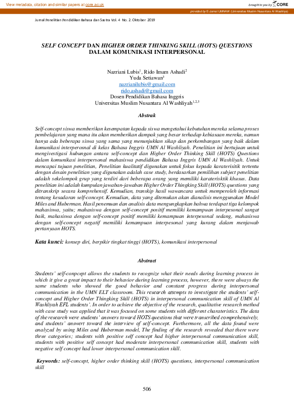 (PDF) Self Concept Dan Higher Order Thinking Skill (Hots) Questions Dalam Komunikasi Interpersonal